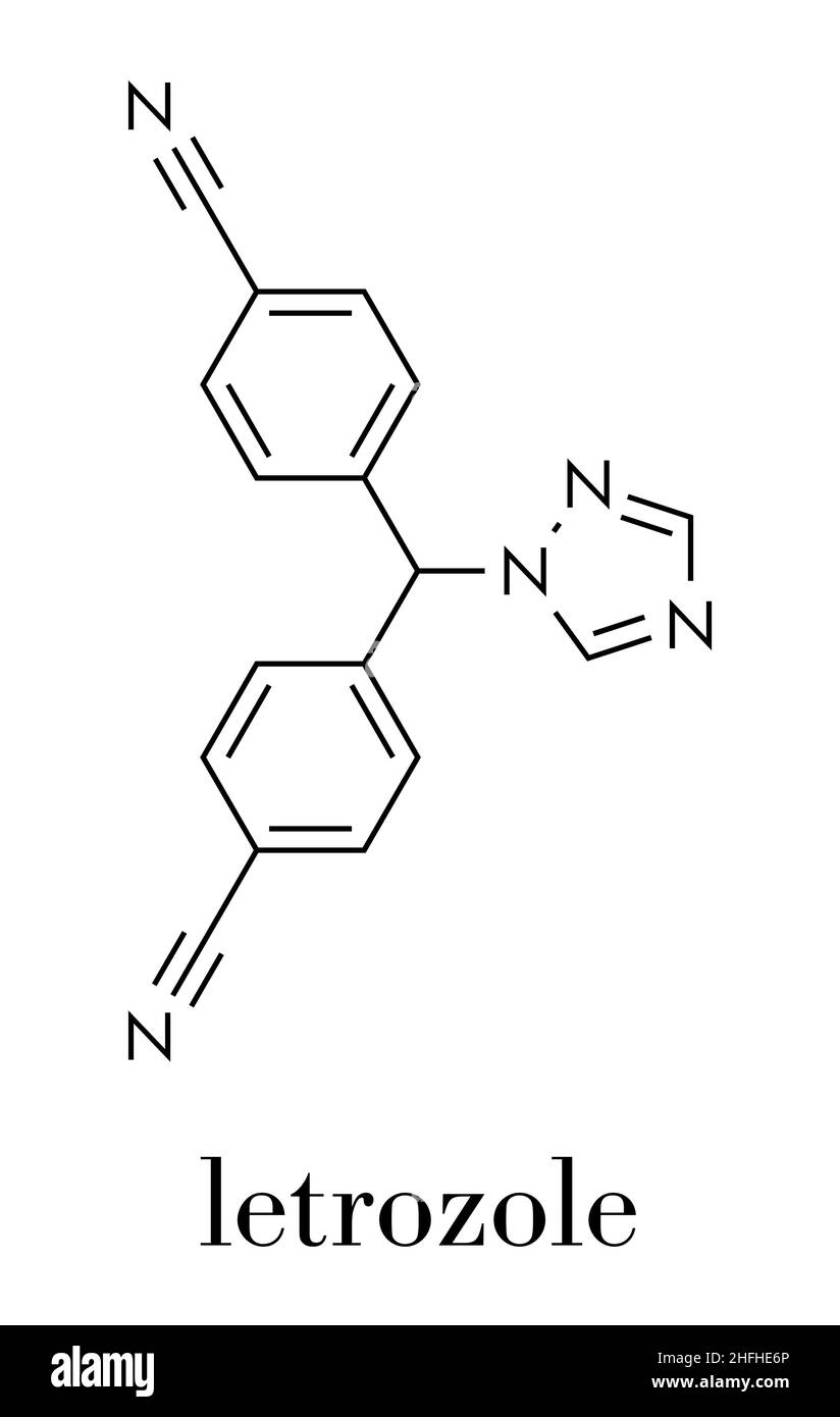 Letrozole breast cancer drug molecule (aromatase inhibitor). Skeletal ...