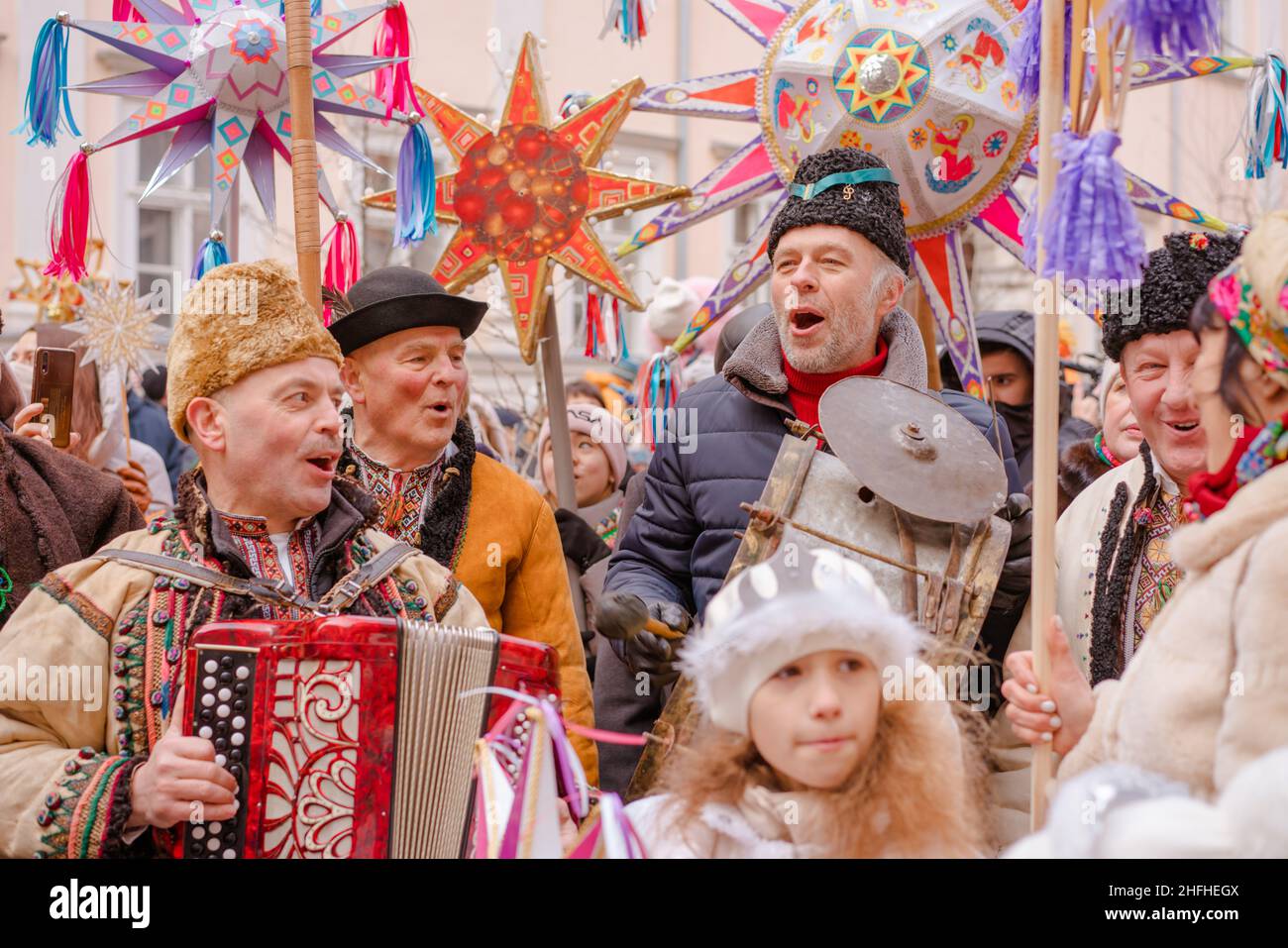 Lviv, Ukraine - January 8, 2022 : The flash of Christmas star festival ...