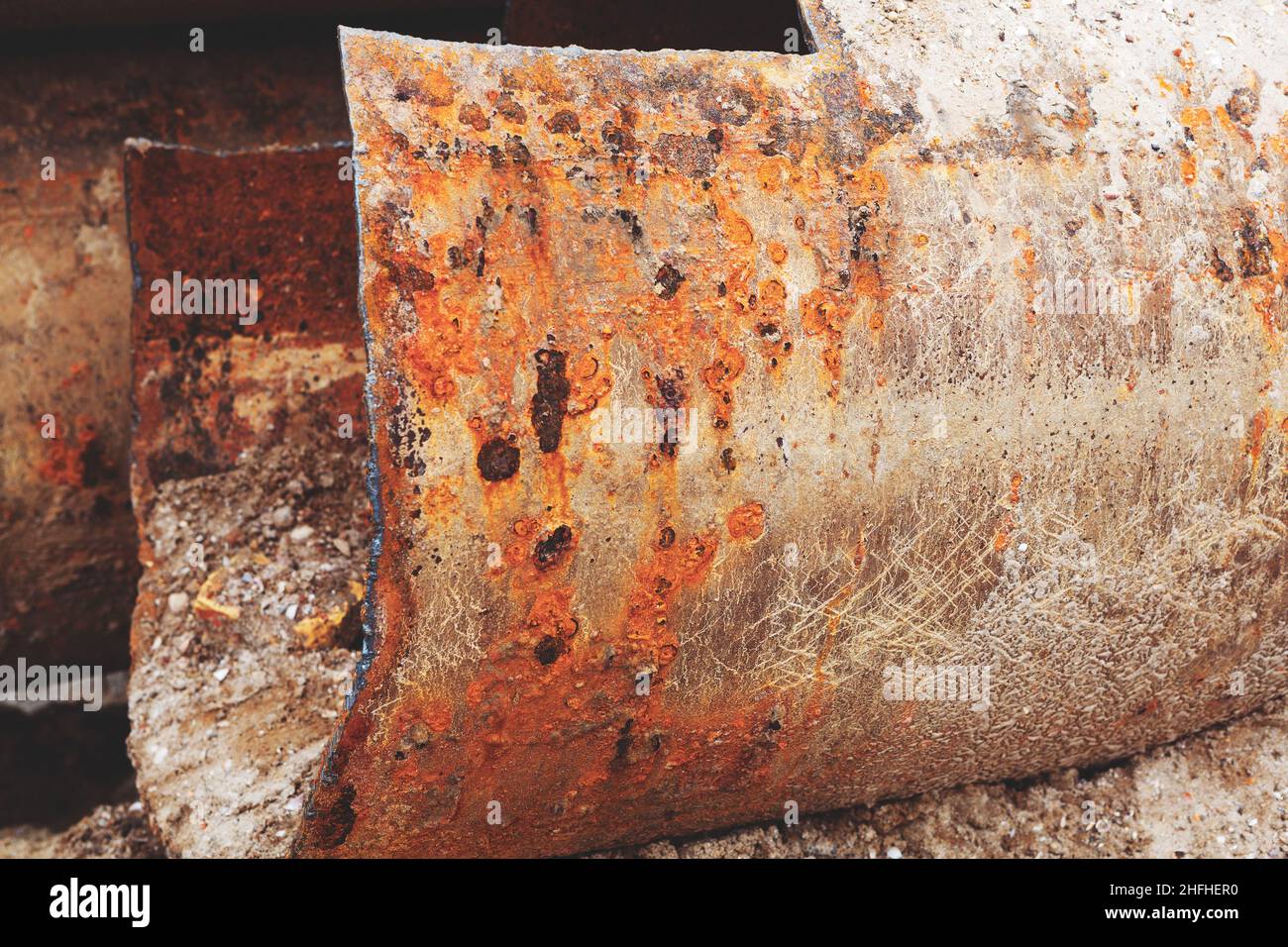 Fragments of old large water pipes. After many years of operation ...