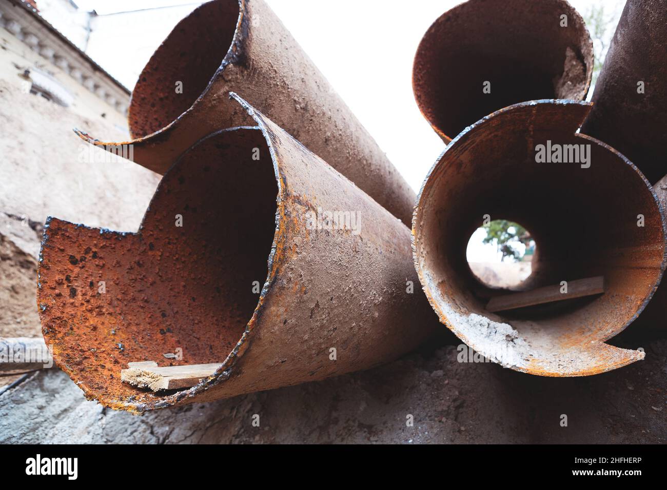 Fragments of old large water pipes. After many years of operation ...