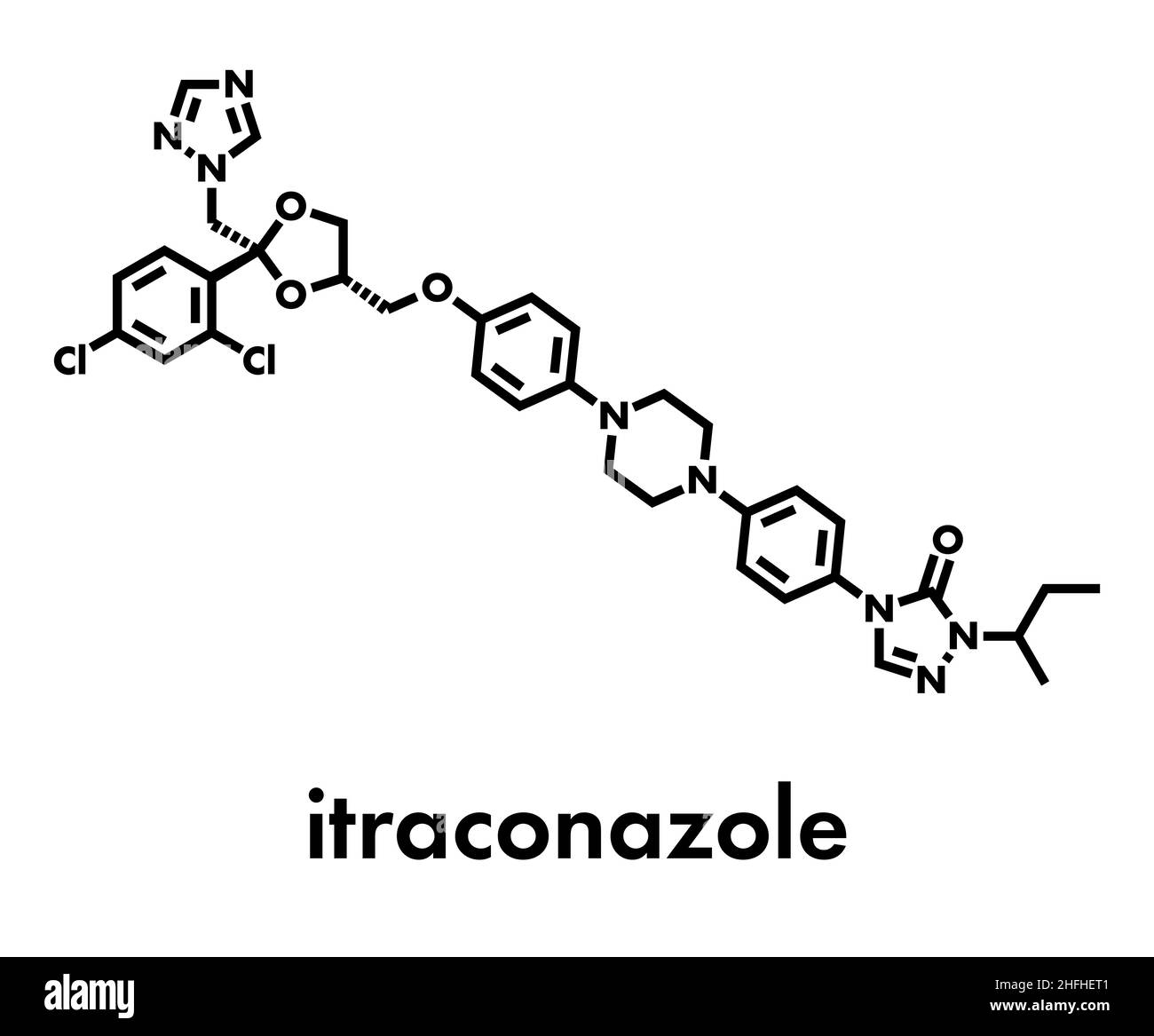 Itraconazole antifungal drug (triazole class) molecule. Skeletal ...