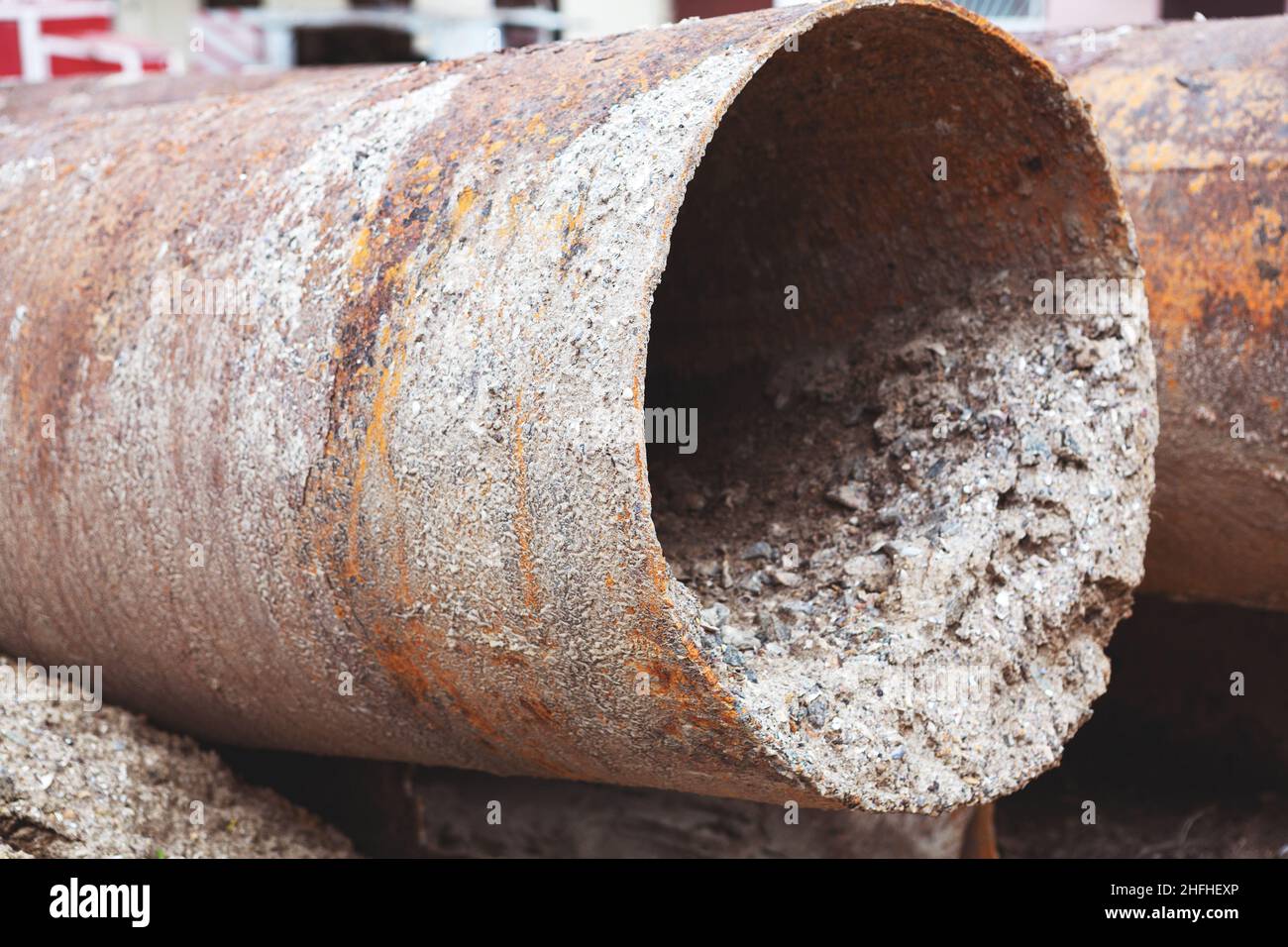 Fragments of old large water pipes. After many years of operation ...