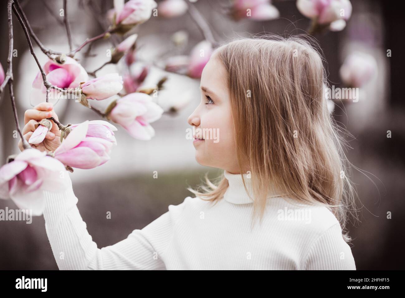 Girl 8-9 years old portrait. Holds a branch of a magnolia tree. The ...