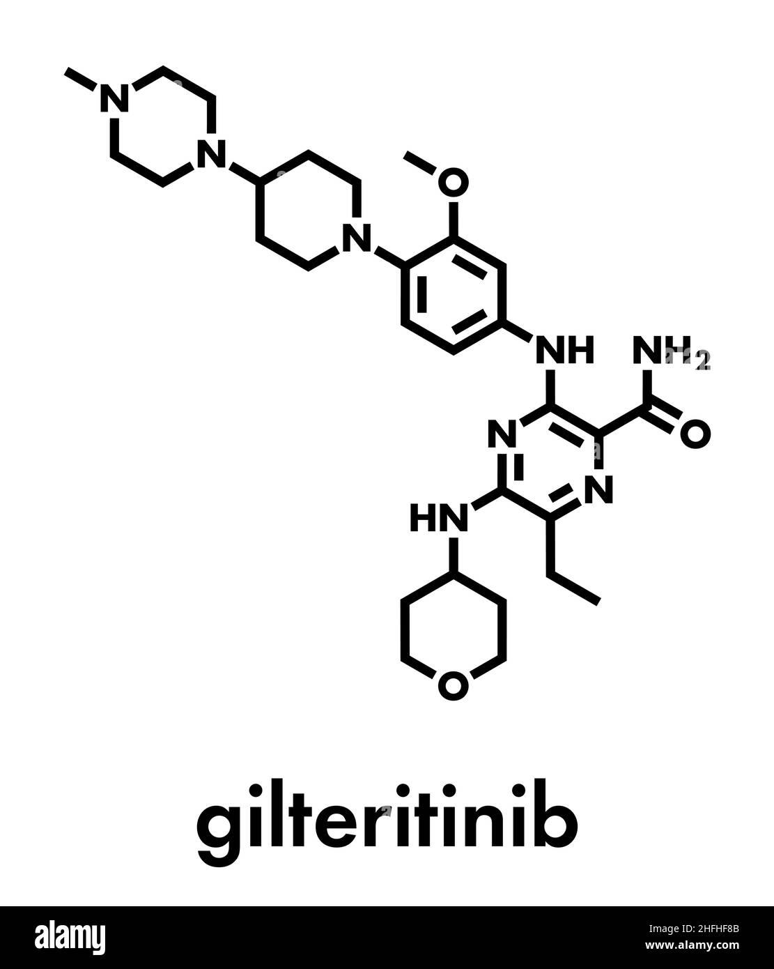 Gilteritinib cancer drug molecule (kinase inhibitor). Skeletal formula ...