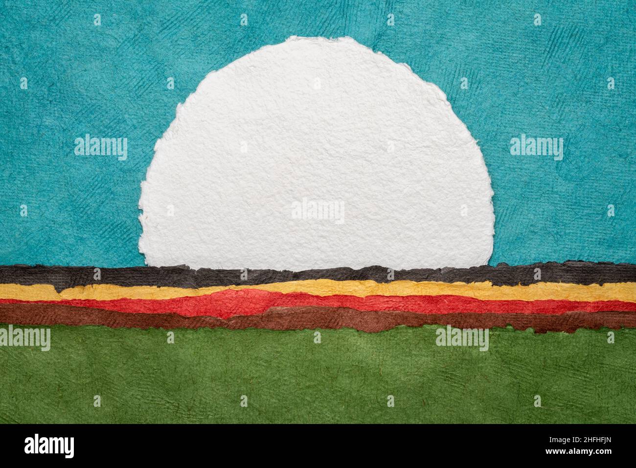 moon or sun rising over abstract colorful landscape, blank circular ...