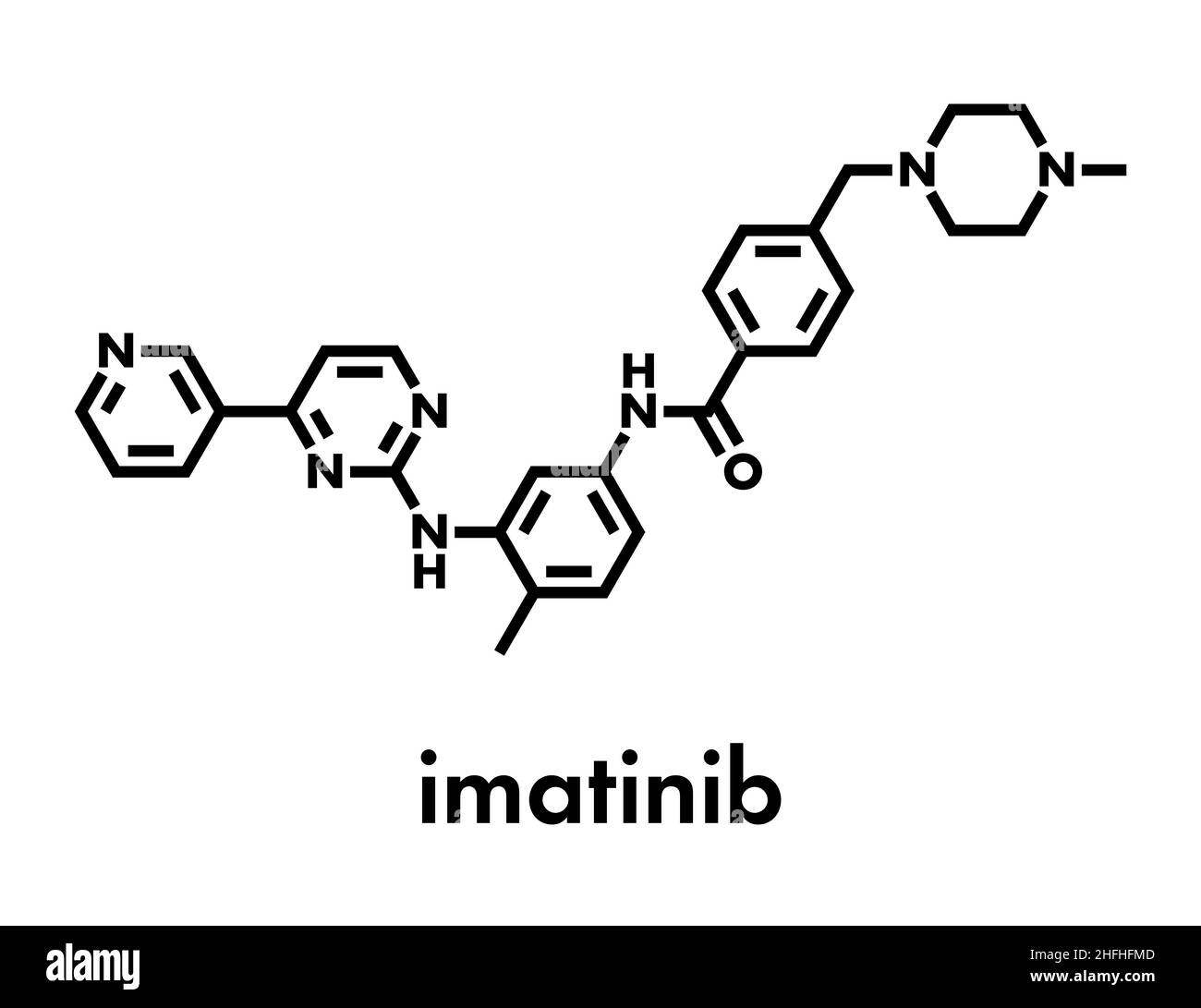 Imatinib cancer drug molecule. Tyrosine-kinase inhibitor. Skeletal ...