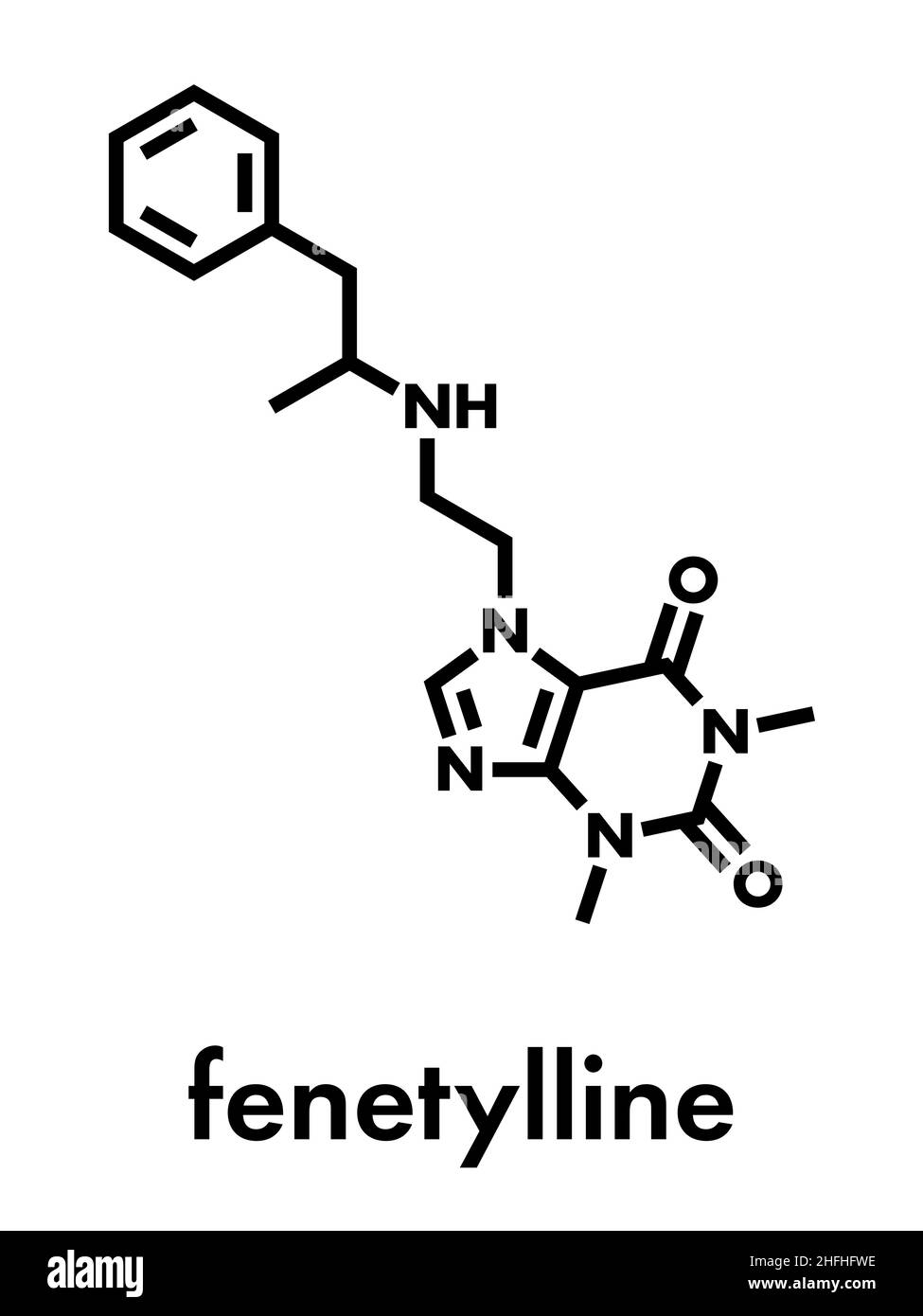 Fenetylline (fenethylline) stimulant drug molecule. Skeletal formula ...