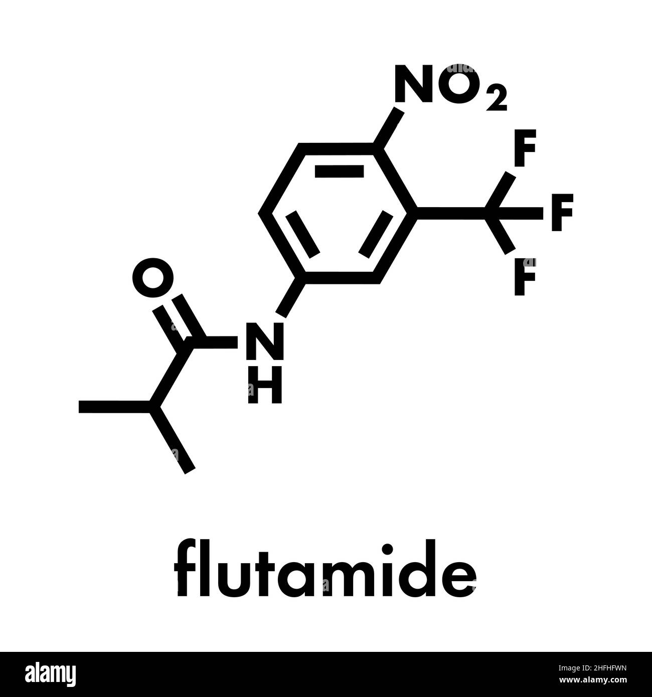 Flutamide prostate cancer drug (anti-androgen) molecule. Skeletal ...