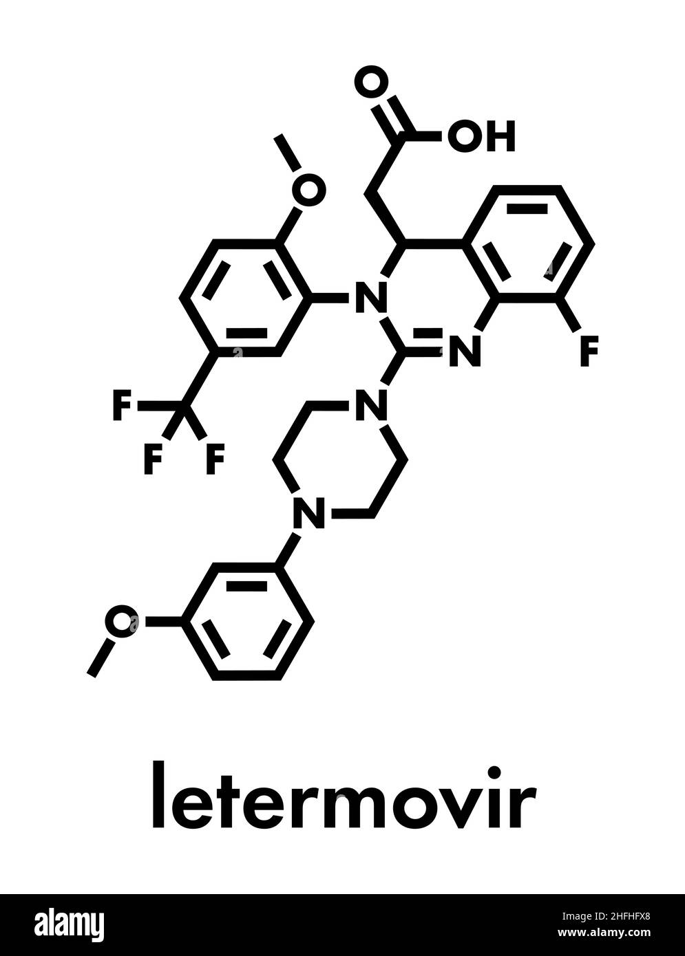 letermovir cytomegalovirus (CMV) drug molecule. Skeletal formula Stock ...