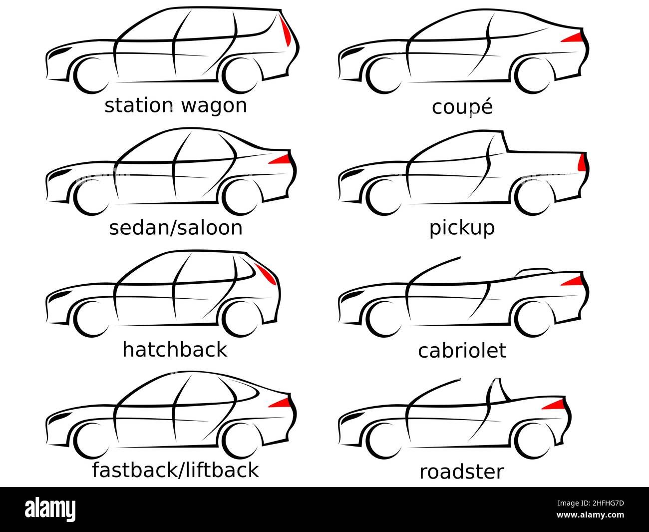 Set of eight various car shapes as a vector illustration with modern ...