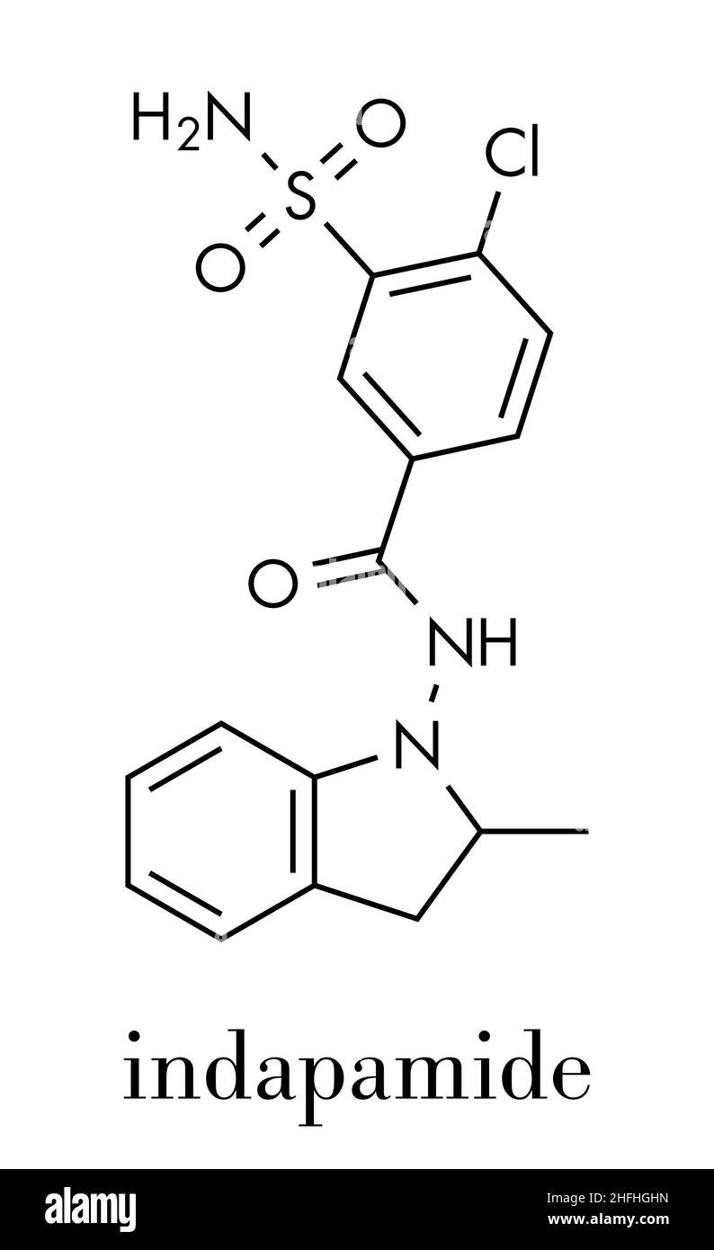 Indapamide hypertension drug molecule (diuretic). Skeletal formula ...