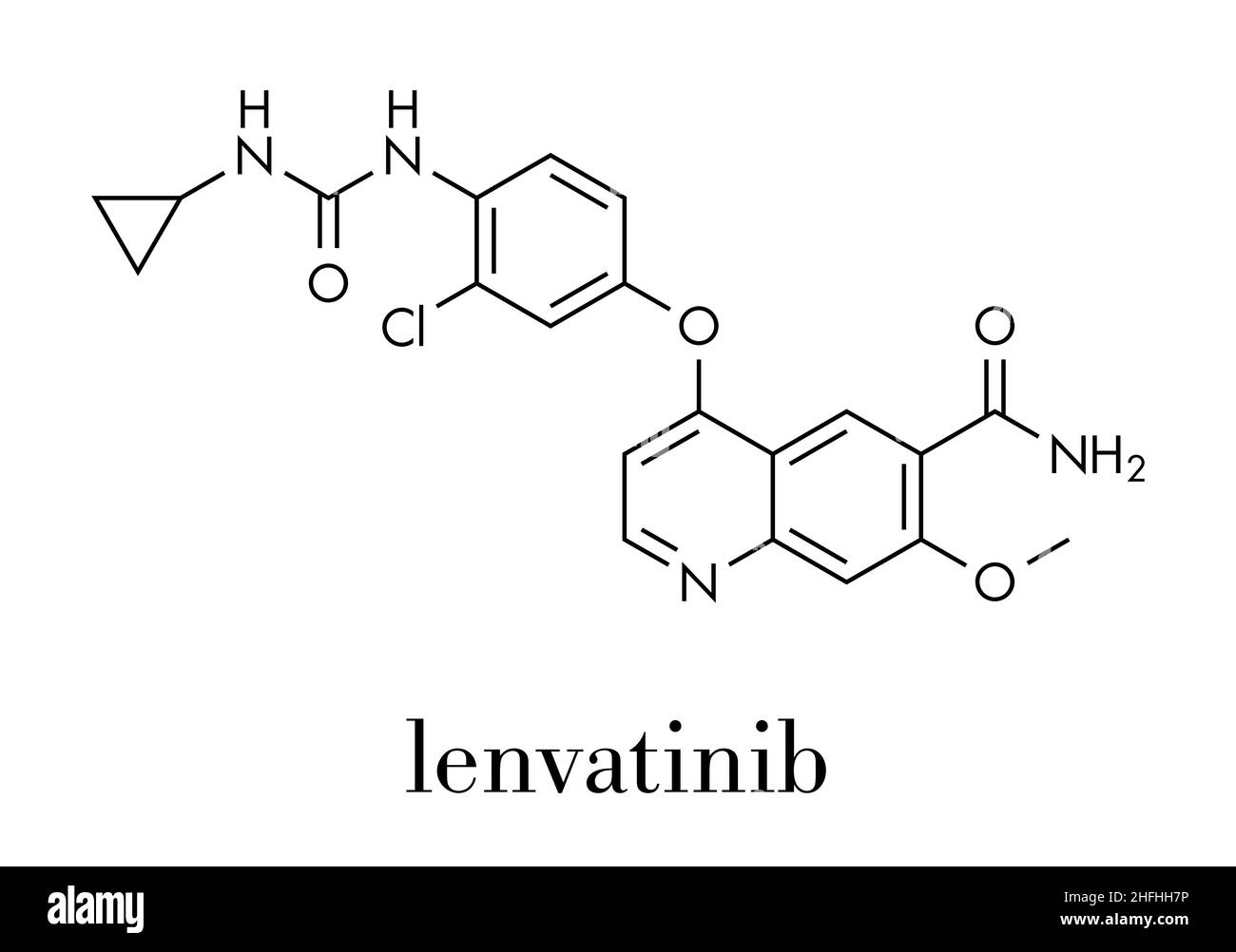 Lenvatinib cancer drug molecule (multi-kinase inhibitor). Skeletal ...