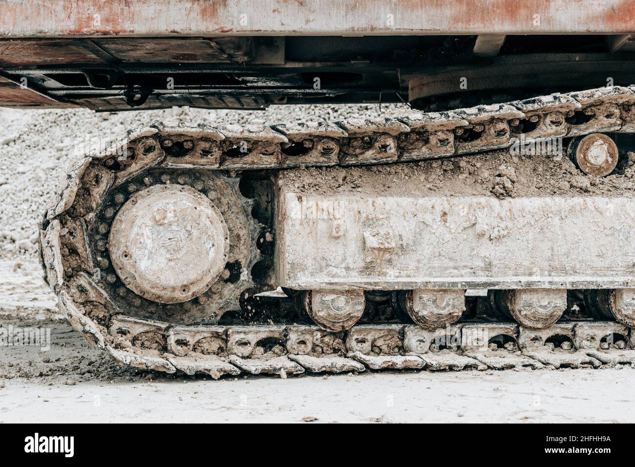 Crawler excavator undercarriage close-up. Bulldozer working on ...