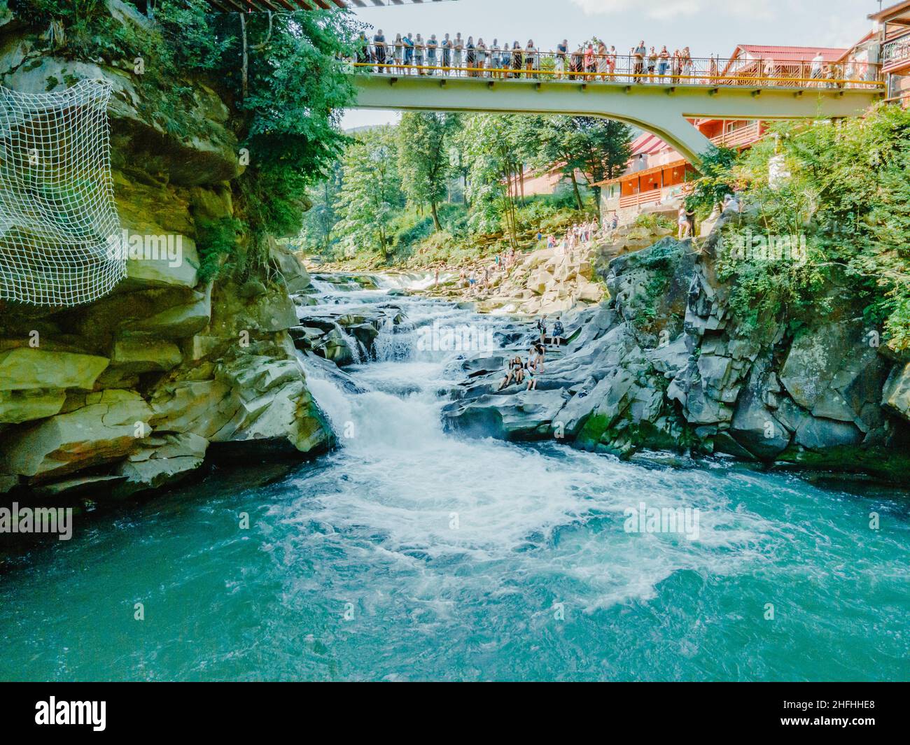 aerial view of summer waterfall in Ukrainian carpathian mountains copy ...