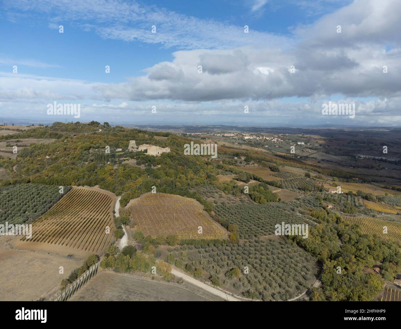 Aerial panoramic view on hills of Val d'Orcia near Bagno Vignoni ...