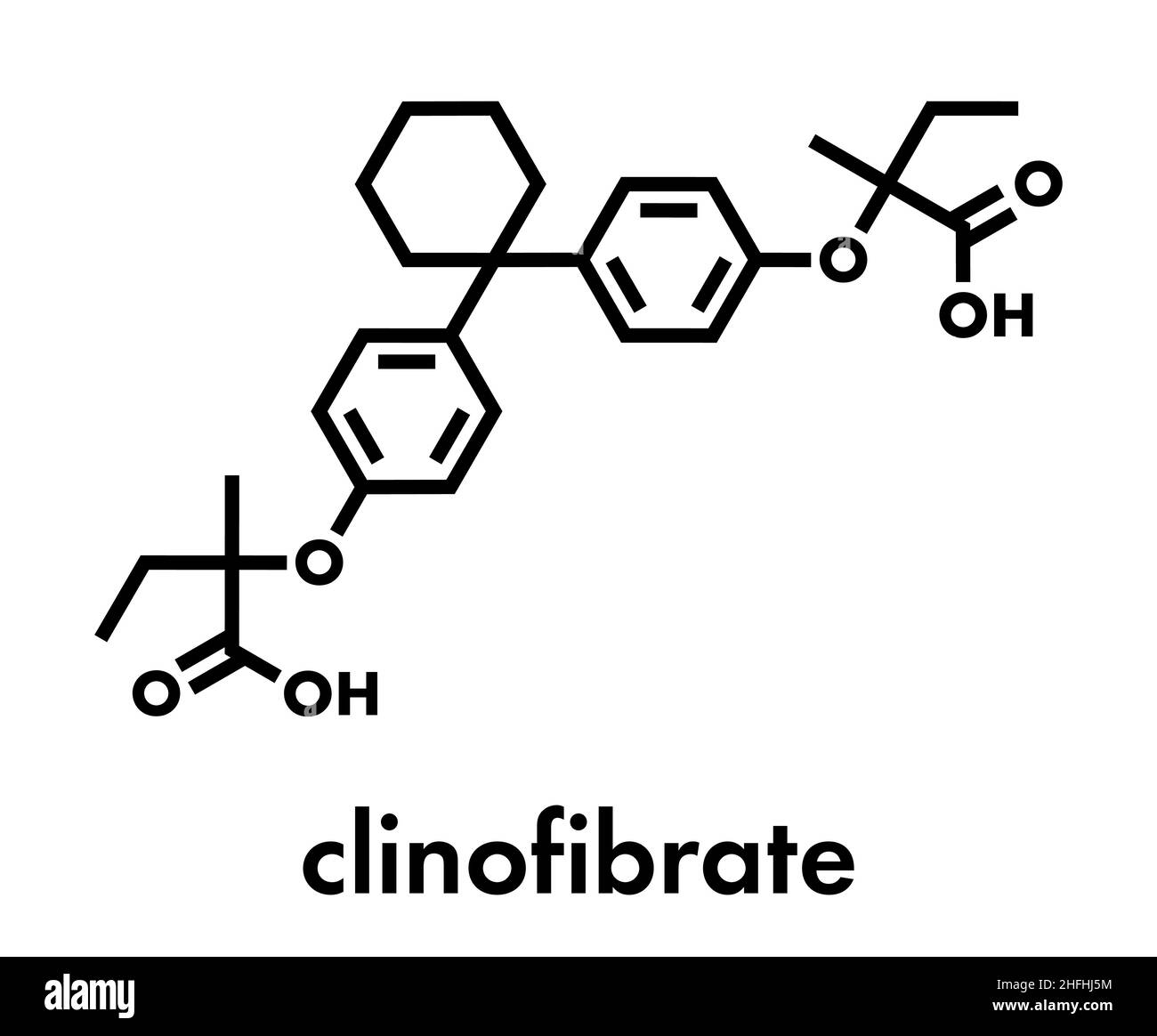 Clinofibrate hyperlipidemia drug molecule (fibrate class). Skeletal ...