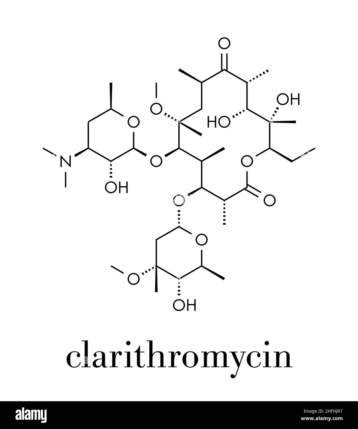 Clarithromycin antibiotic drug (macrolide class) molecule. Skeletal ...