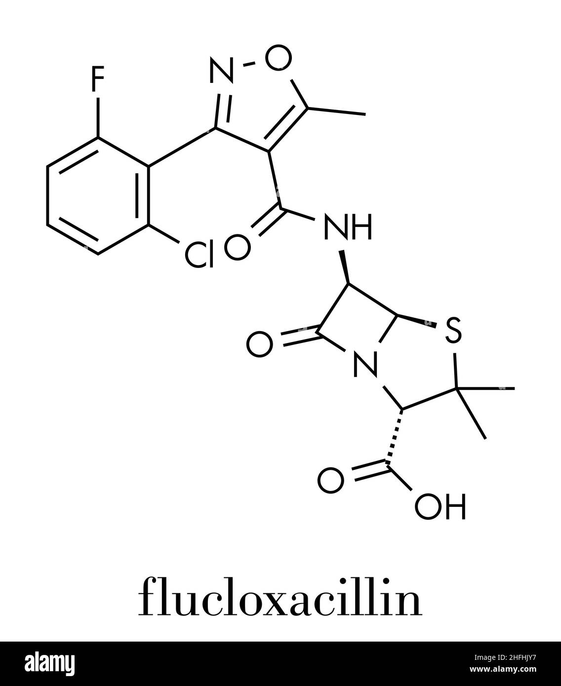 Flucloxacillin (floxacillin) antibiotic drug molecule. Skeletal formula ...
