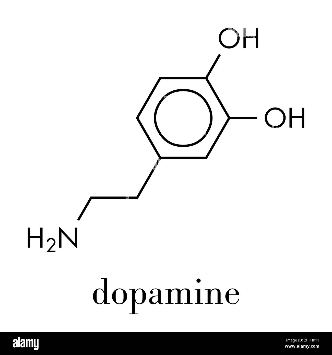 Dopamine neurotransmitter molecule. Also used as drug. Skeletal formula ...