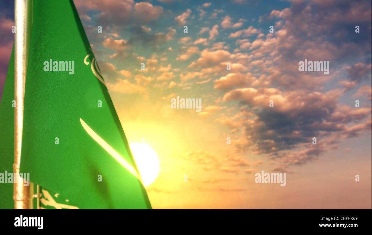 Saudi Arabia flag is hanging on sundown sky for any holiday - defocused ...