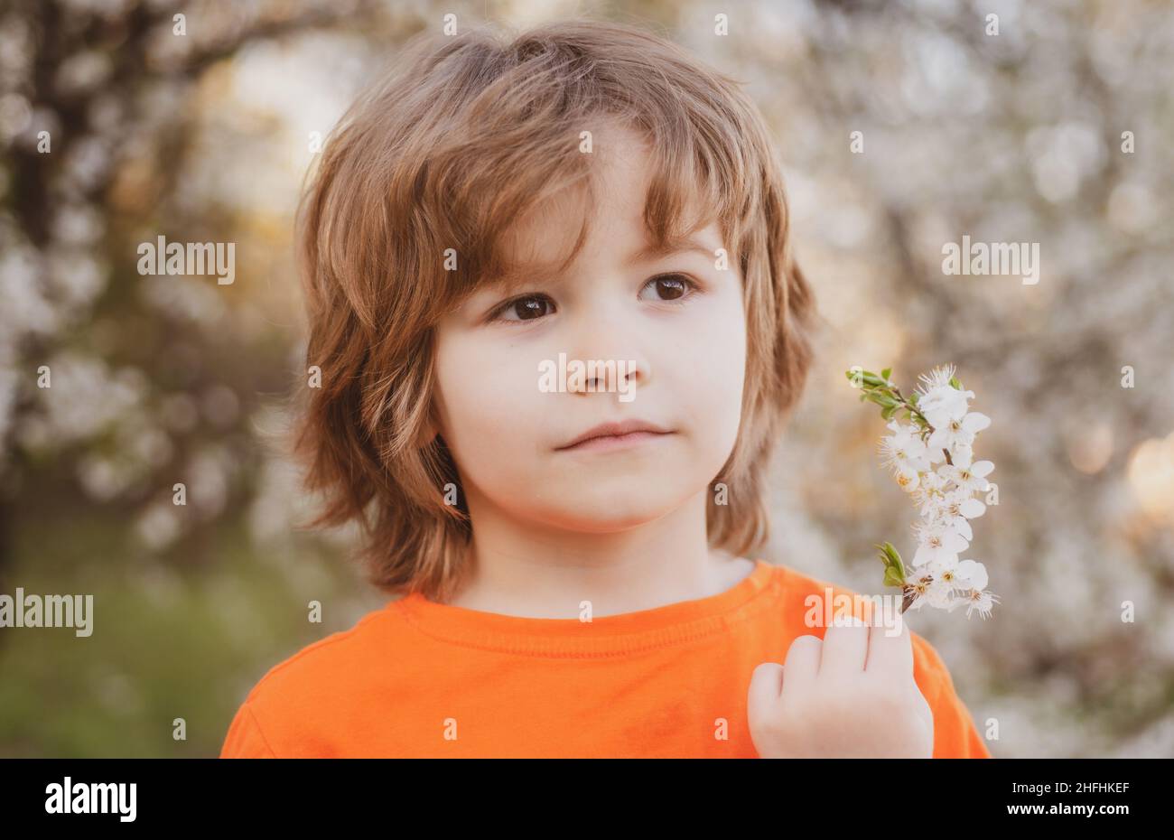 Spring boy kid. Child in blooming park. Happy childhood and kid ...