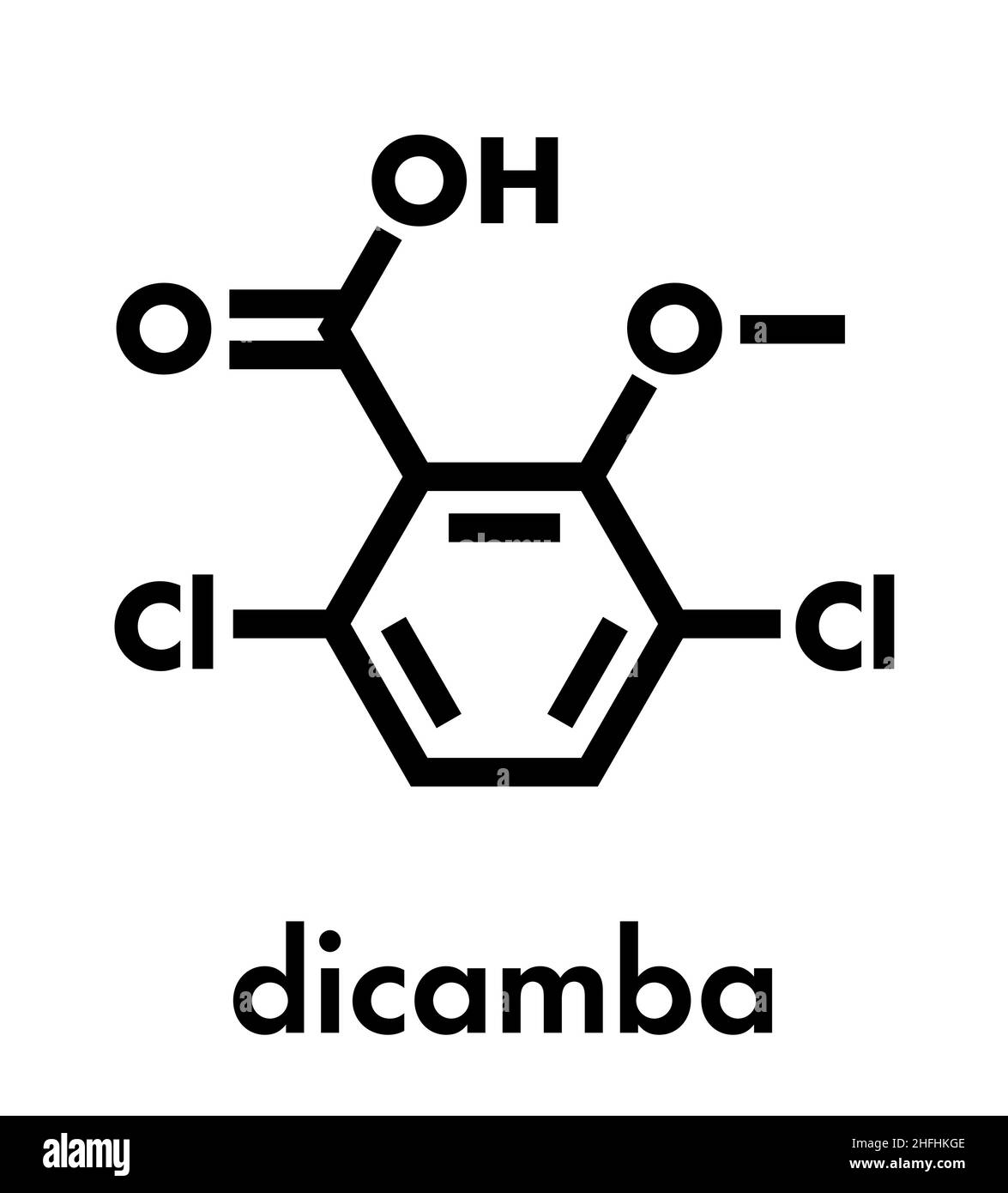 Dicamba herbicide molecule. Used in weed control. Skeletal formula ...