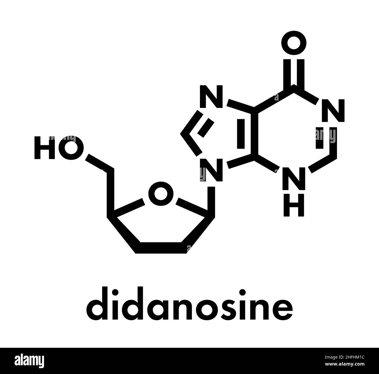 Didanosine (2′,3′-dideoxyinosine, ddI) HIV drug molecule. Skeletal ...