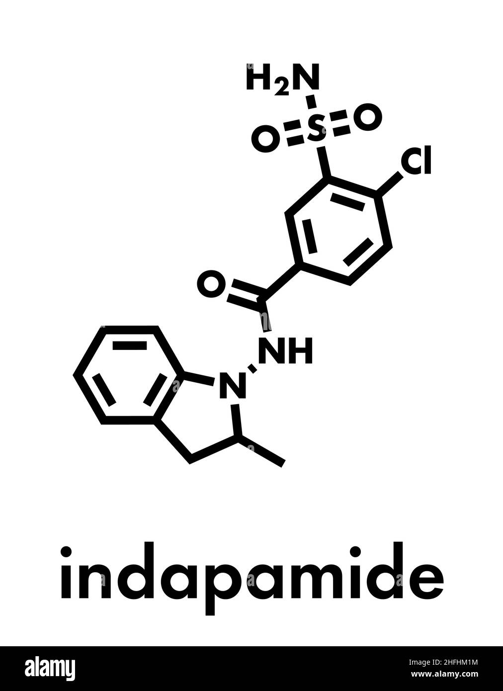 Indapamide hypertension drug molecule (diuretic). Skeletal formula ...