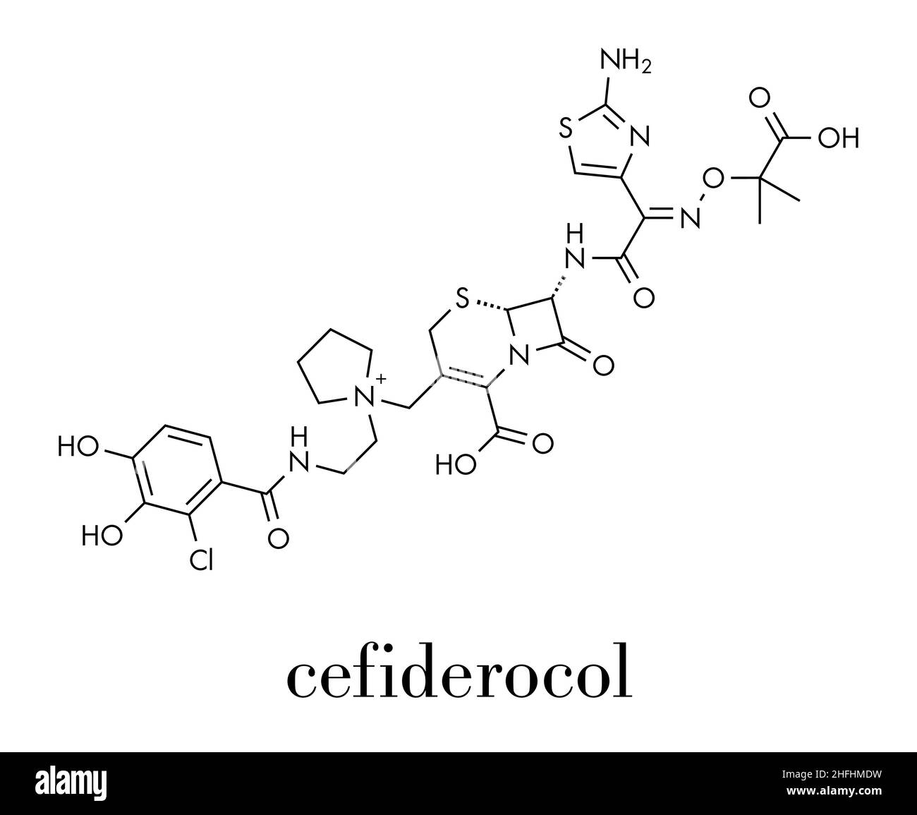 Cefiderocol antibiotic drug molecule (cephalosporin class). Skeletal ...