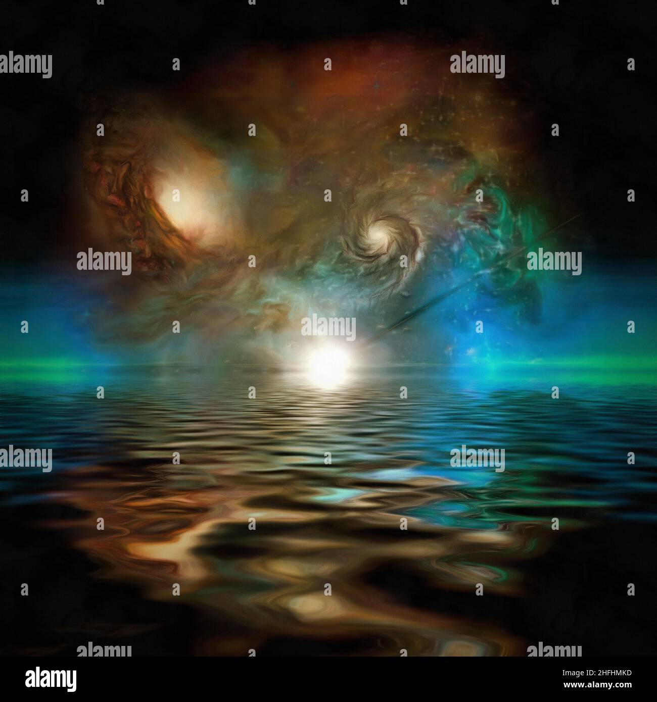 Surreal painting. Vivid universe reflects on water surface. 3D ...