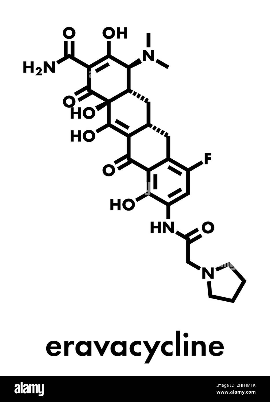Eravacycline antibiotic drug molecule (tetracycline class). Skeletal ...