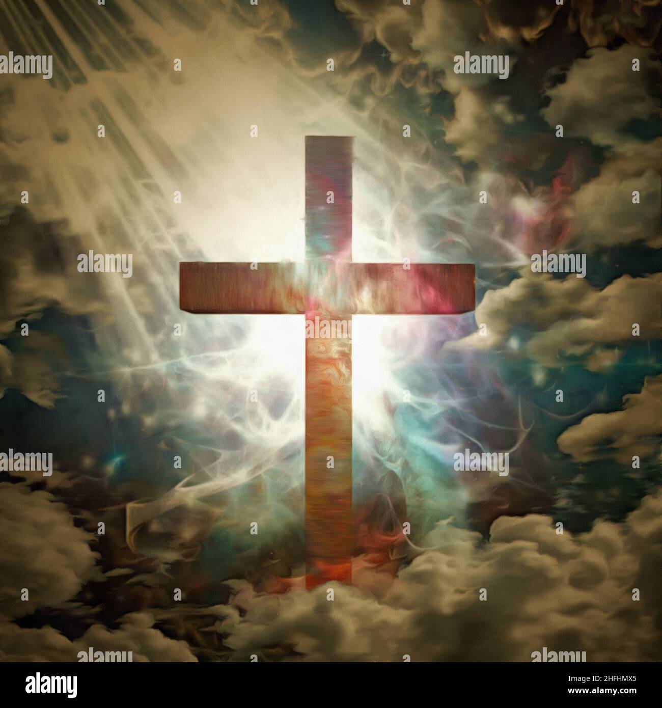 Surrealism. Cross in dramatic clouds. 3D rendering Stock Photo - Alamy