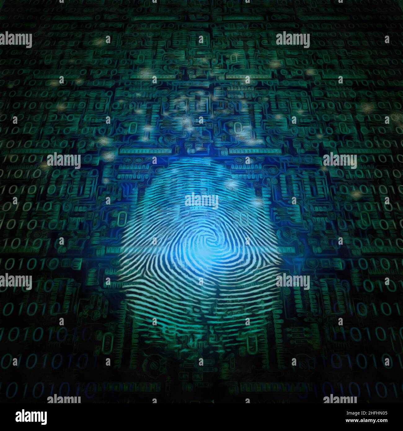 Fingerprint, binary code and electric circuit. Digital painting. 3D ...