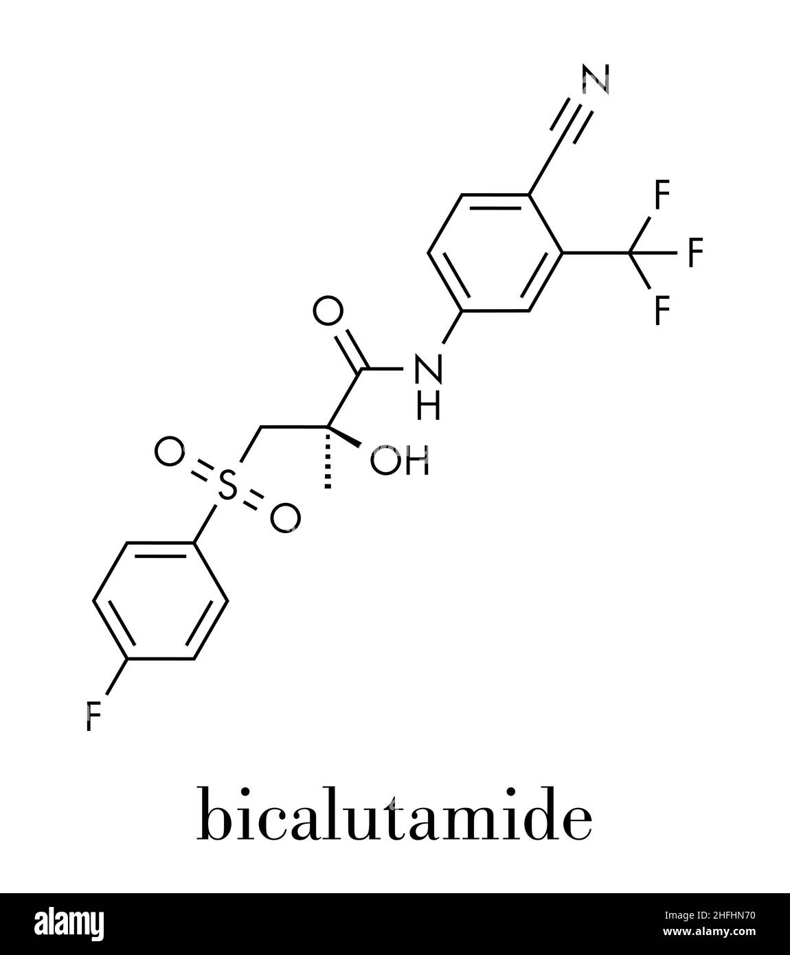 Bicalutamide prostate cancer drug (anti-androgen) molecule. Skeletal ...
