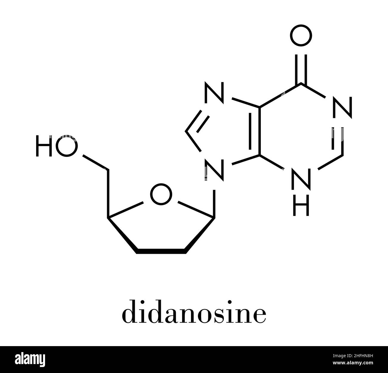 Didanosine (2′,3′-dideoxyinosine, ddI) HIV drug molecule. Skeletal ...