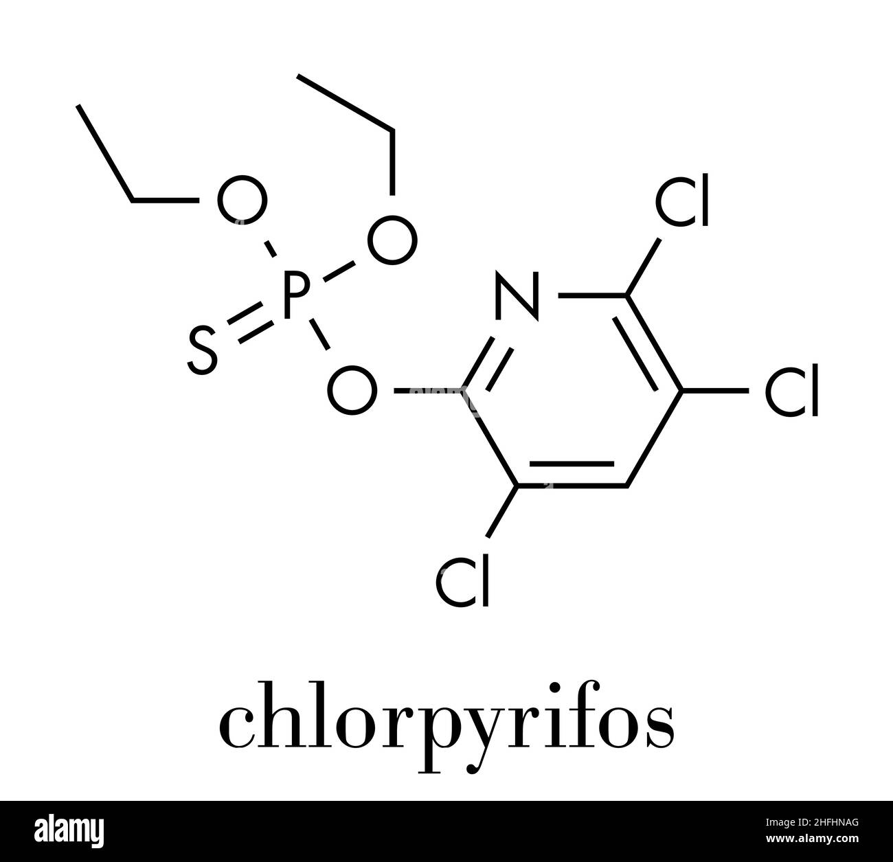 Chlorpyrifos organophosphate pesticide molecule. Toxic and carcinogenic ...