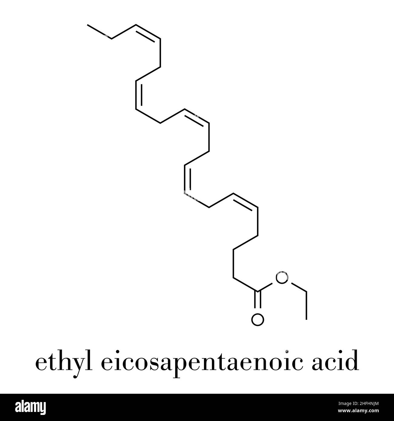 Icosapent ethyl (ethyl eicosapentaenoic acid) drug molecule. Skeletal ...