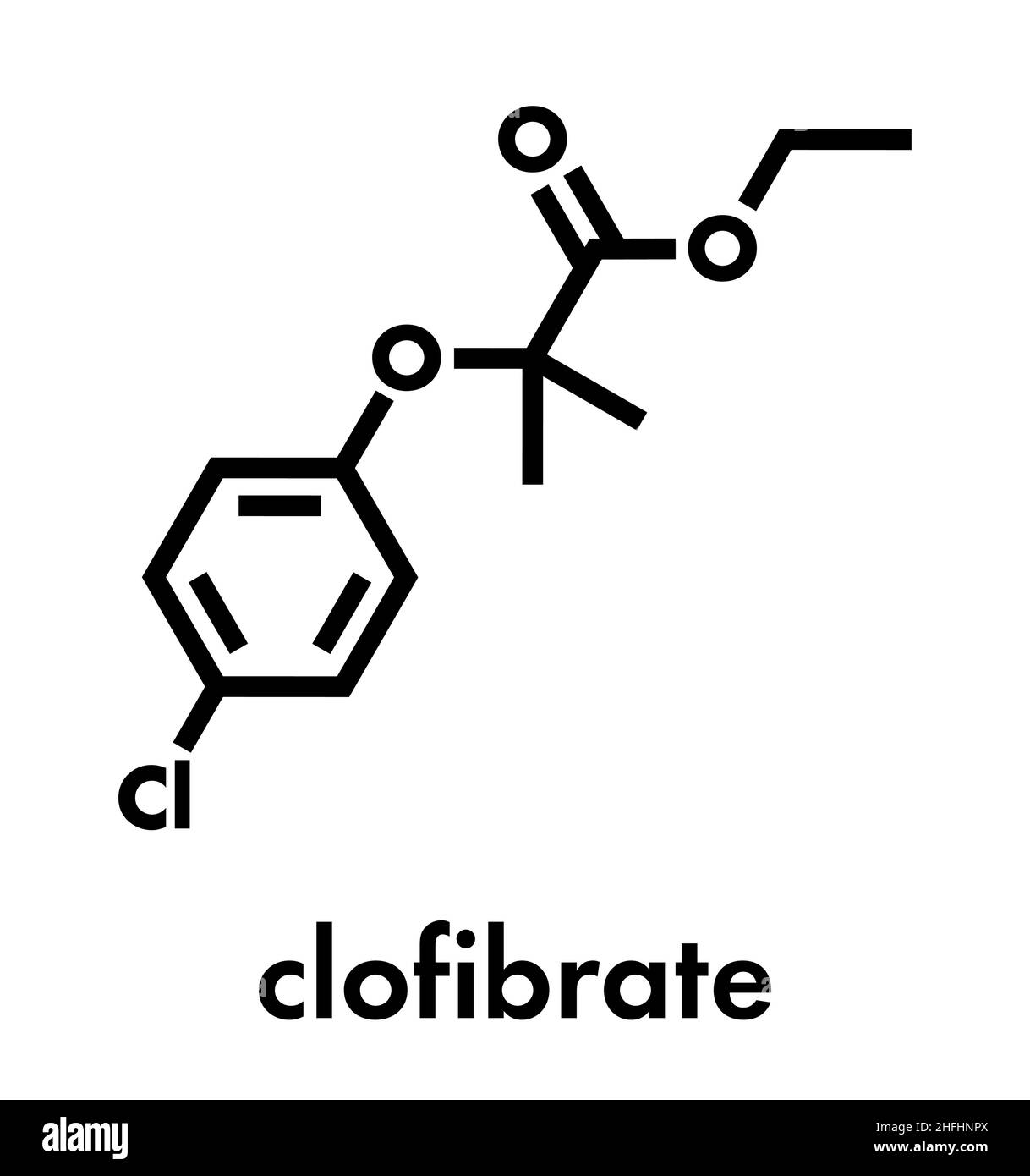 Clofibrate hyperlipidemia drug molecule (fibrate class). Skeletal ...