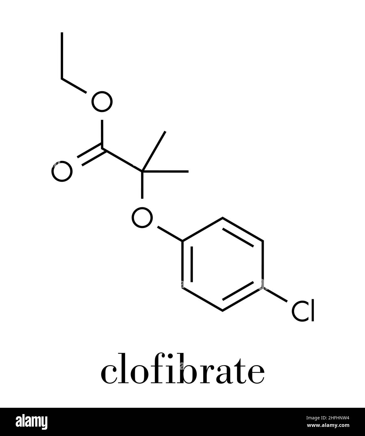 Clofibrate hyperlipidemia drug molecule (fibrate class). Skeletal ...