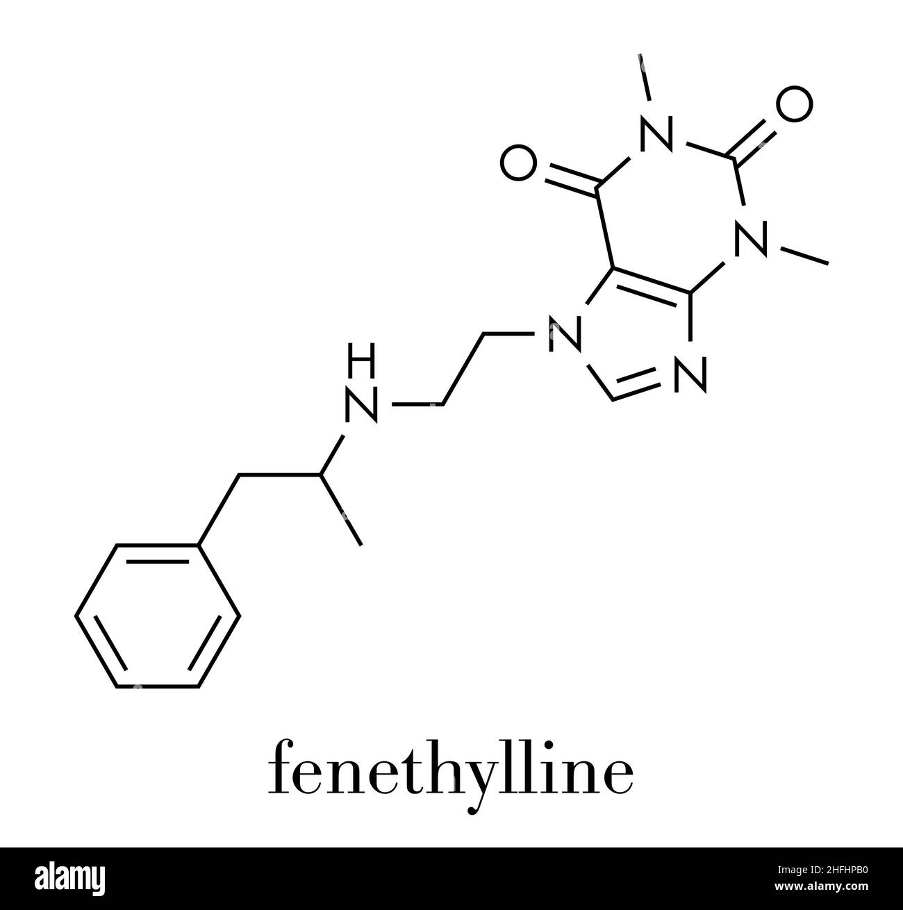 Fenetylline (fenethylline) stimulant drug molecule. Skeletal formula ...