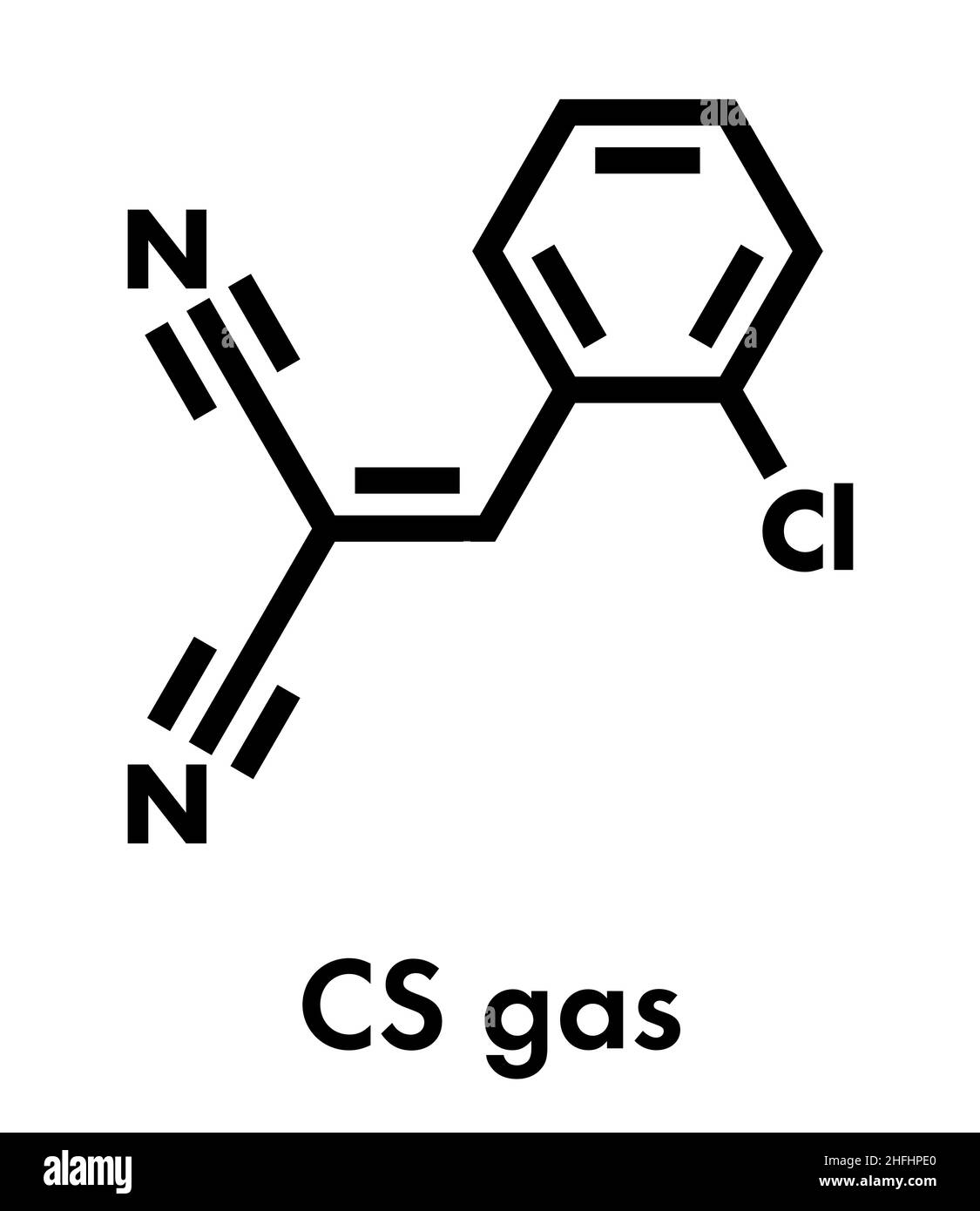 2-chlorobenzalmalononitrile tear gas (CS gas) molecule. Skeletal ...