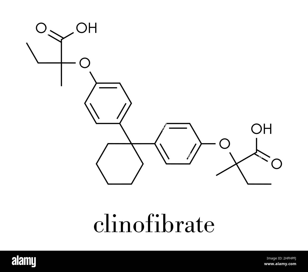 Clinofibrate hyperlipidemia drug molecule (fibrate class). Skeletal ...