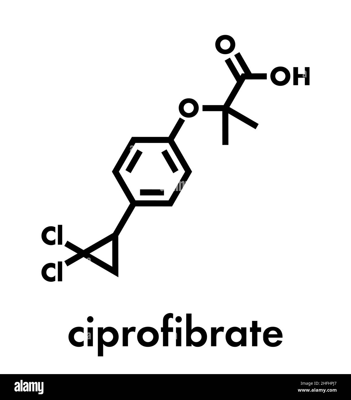 Ciprofibrate hyperlipidemia drug molecule (fibrate class). Skeletal ...