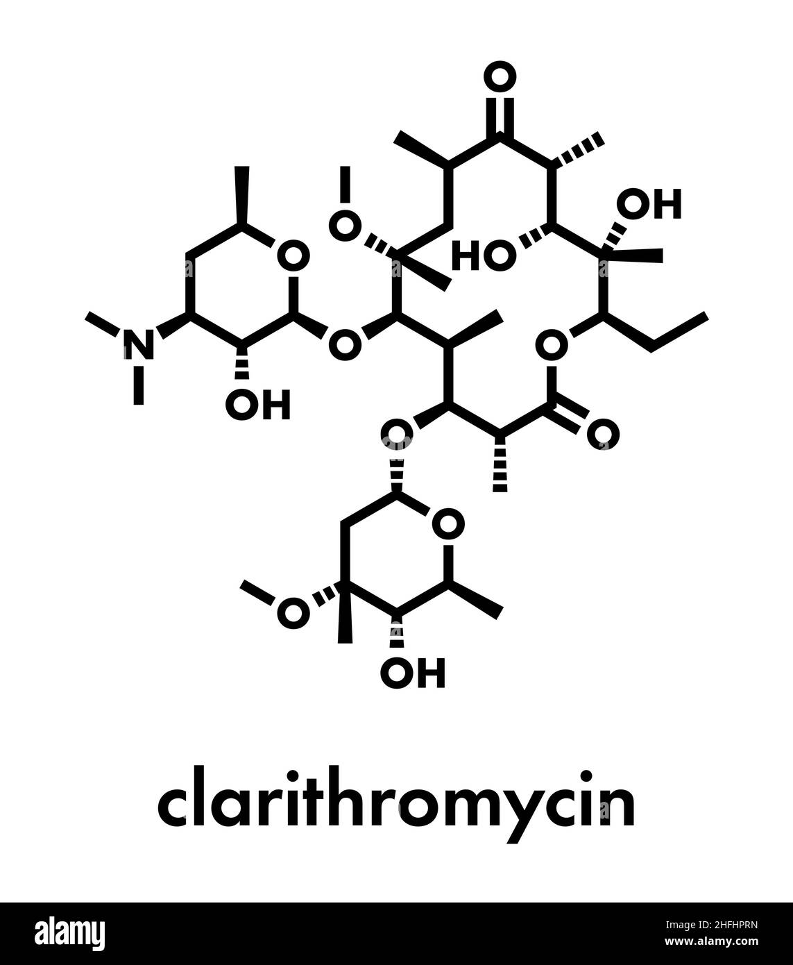 Clarithromycin antibiotic drug (macrolide class) molecule. Skeletal ...