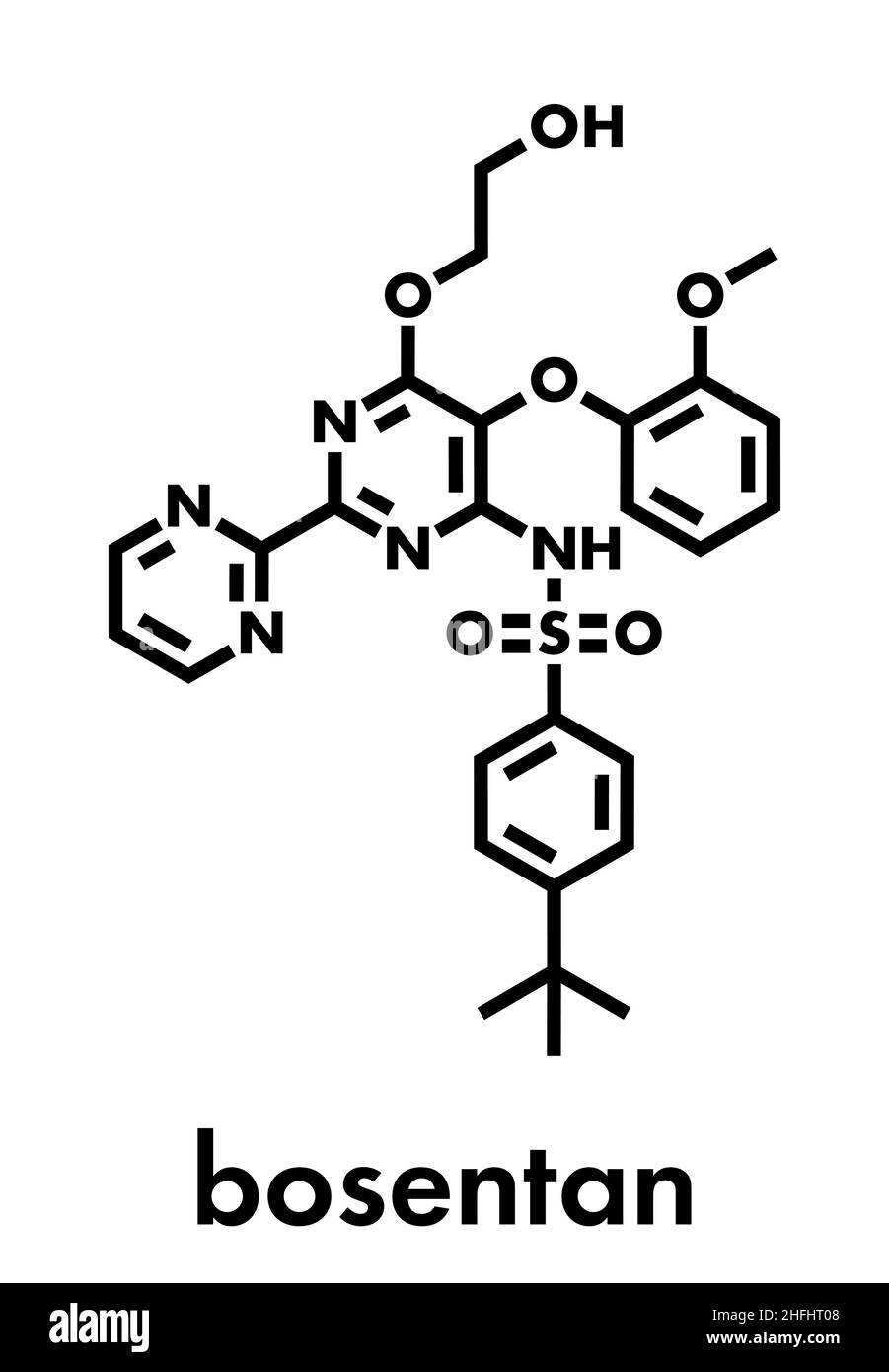 Bosentan pulmonary artery hypertension (PAH) drug molecule. Skeletal ...