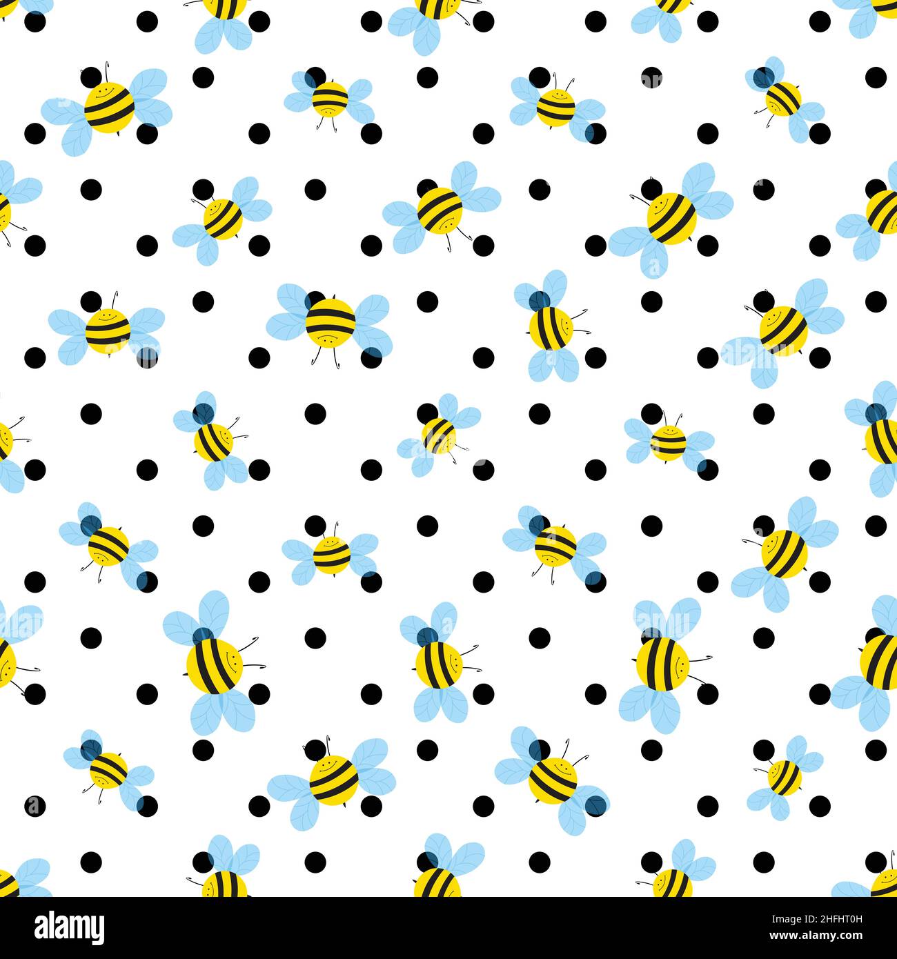 Seamless pattern with bees on white polka dots background. Small wasp ...