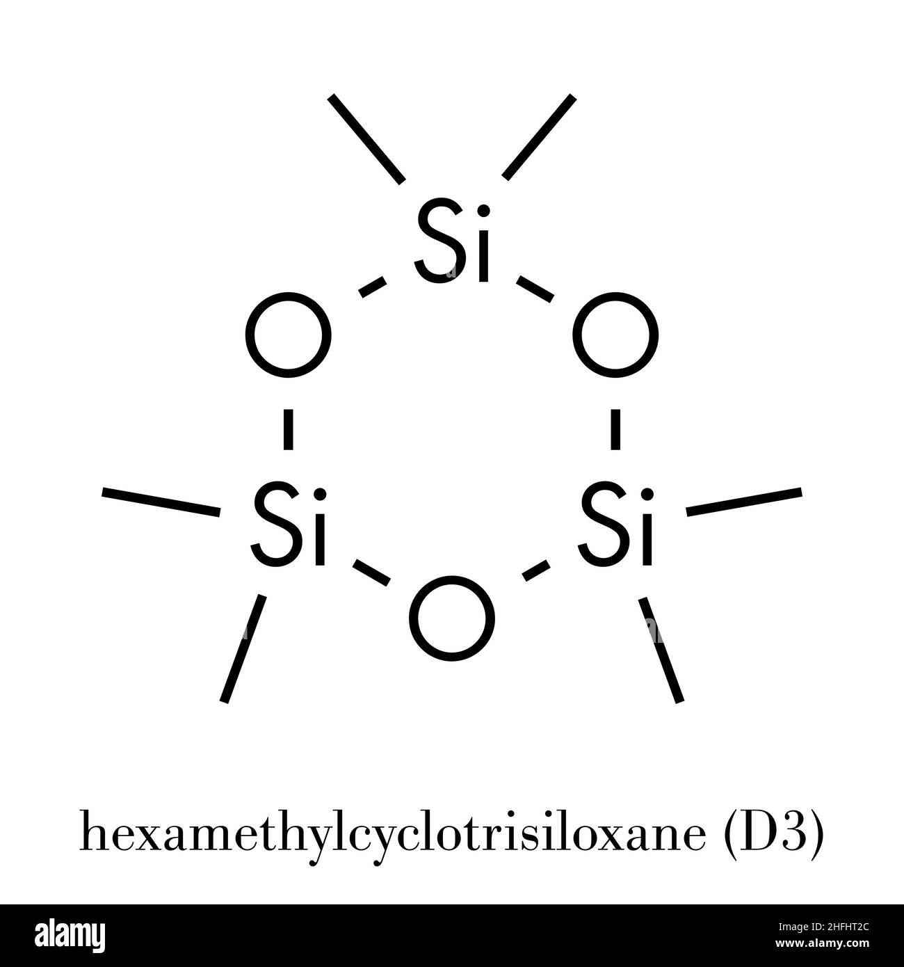 Hexamethylcyclotrisiloxane (D3) cyclic organosilicon molecule. Skeletal ...
