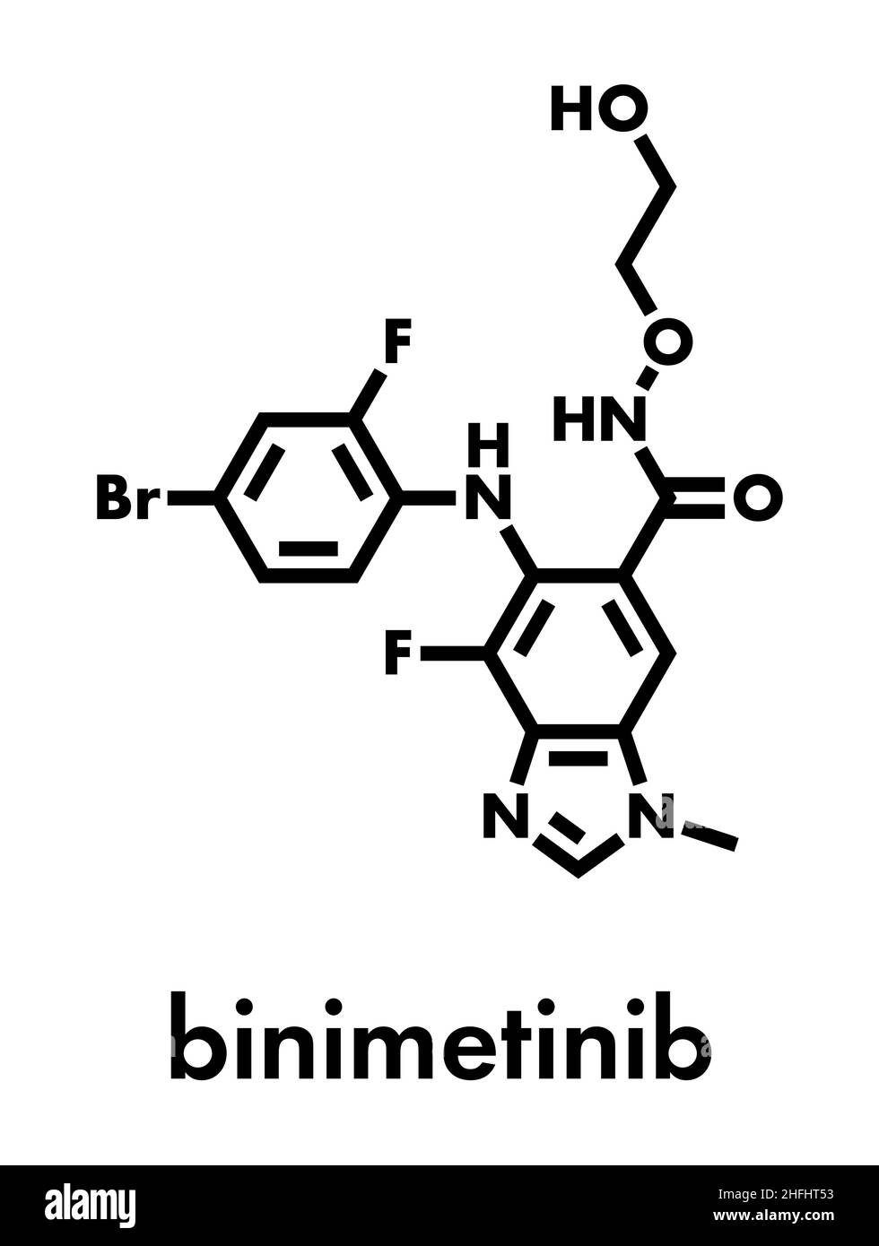Binimetinib cancer drug molecule (MEK inhibitor). Skeletal formula ...