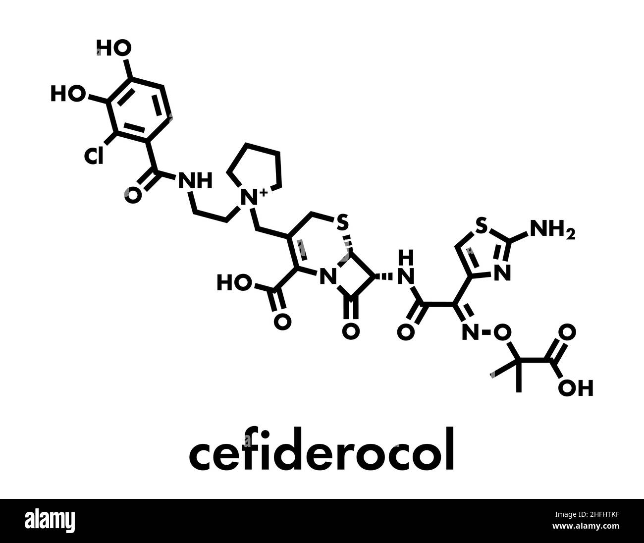 Cefiderocol antibiotic drug molecule (cephalosporin class). Skeletal ...