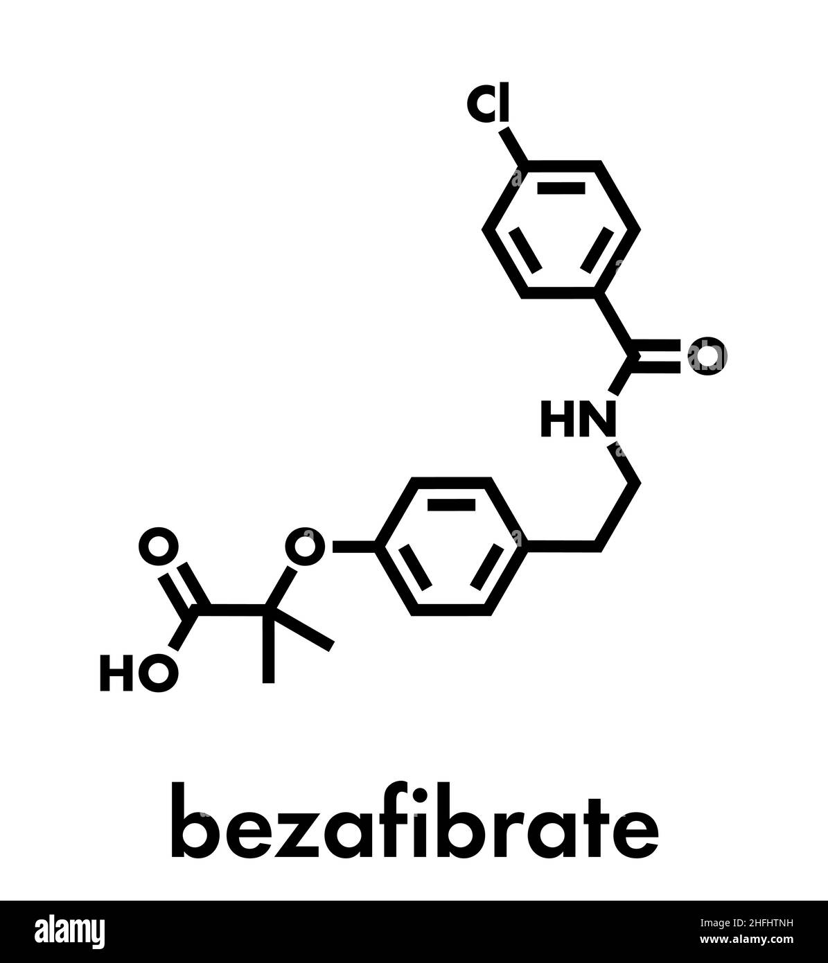 Bezafibrate hyperlipidemia drug molecule (fibrate class). Skeletal ...
